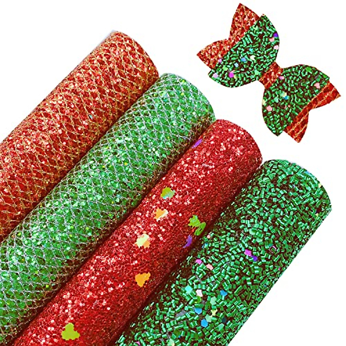 Greatdiy Sparkly Christmas Faux Leather Sheets 8x12 inch Shiny Mixed Red and Green Tinsel Chunky Glitter Fabric for Bows Crafts (Red-Green)