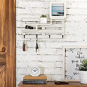 MyGift Key Holder for Wall, Wall-Mounted Vintage White Wood Tiered Accent Shelf with Key Hooks
