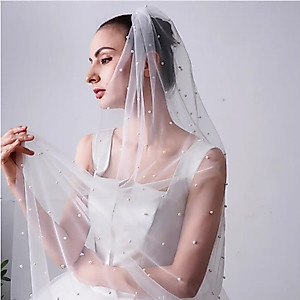 HONGMEI Pearl Bride Wedding Veil Bridal Tulle Veils Hair Accessories 1 Tier Fingertip Length Bridal Veils with Comb