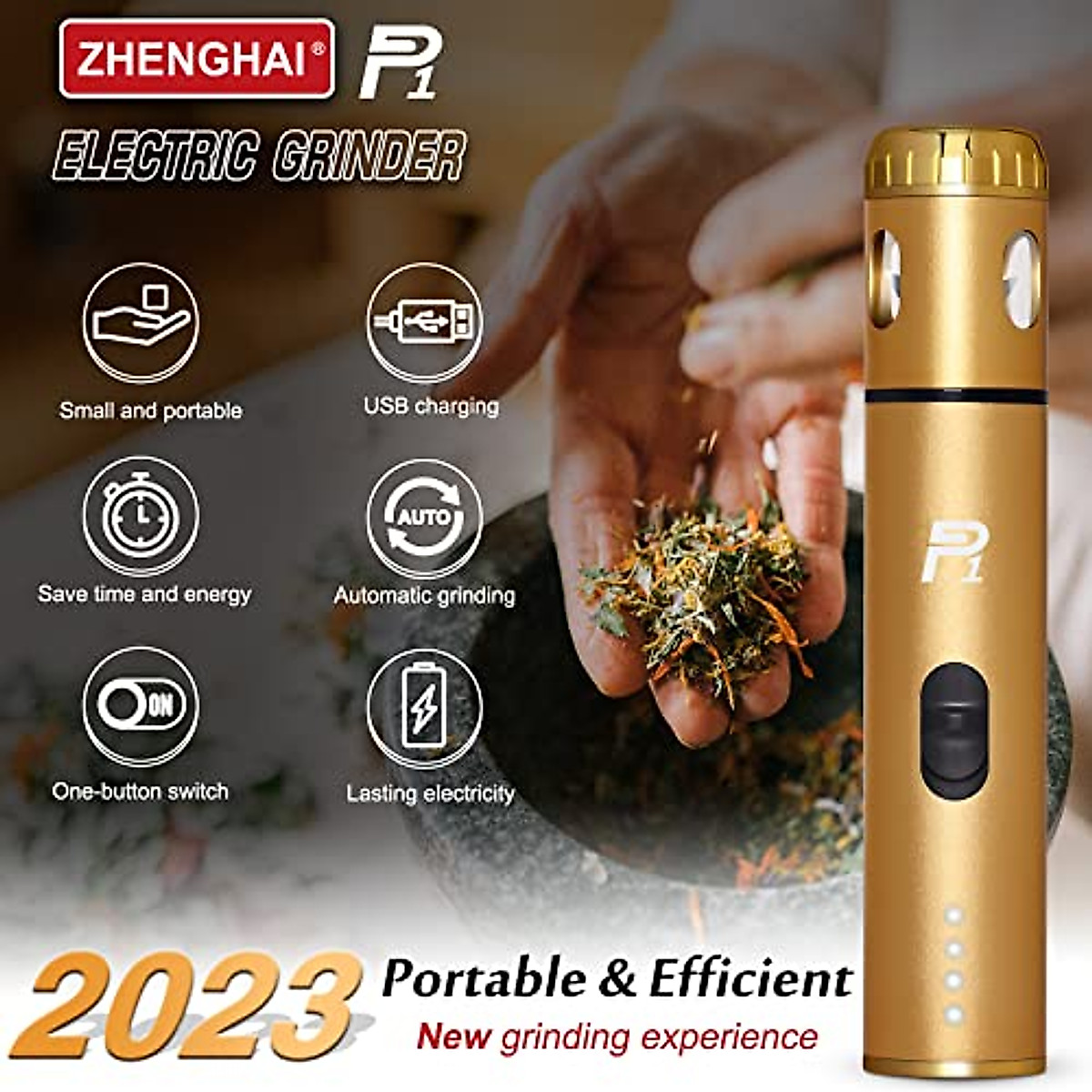ZHENGHAI P1 Electric Herb and Spice Grinder, USB Rechargeable Fast Grinding With Portable Storage Bag, Cleaning Brush (Gold)