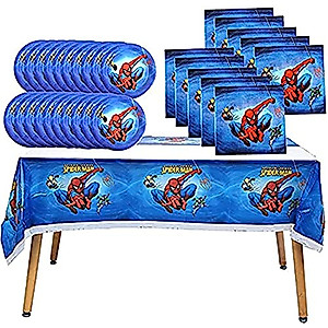 41 pcs Spiderman-Themed Party Supplies, 20 Plates, 20 Napkins and 1 Tablecloth, Spiderman Birthday Party Decorations for Boys and Girls