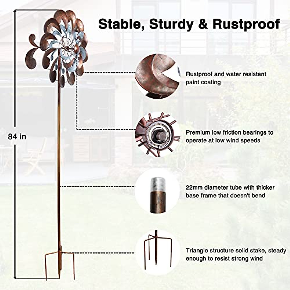 84 Inch Garden Metal Wind Spinner Gifts for Women Mom-Pinwheels Kinetic Art Windmill for Yard Lawn Patio& Garden Decor Outside