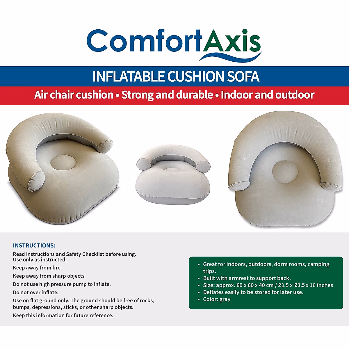 Comfort Axis Inflatable Camp Lounger Sofa for Kids Gray 23.5" by 23.5" by 16"