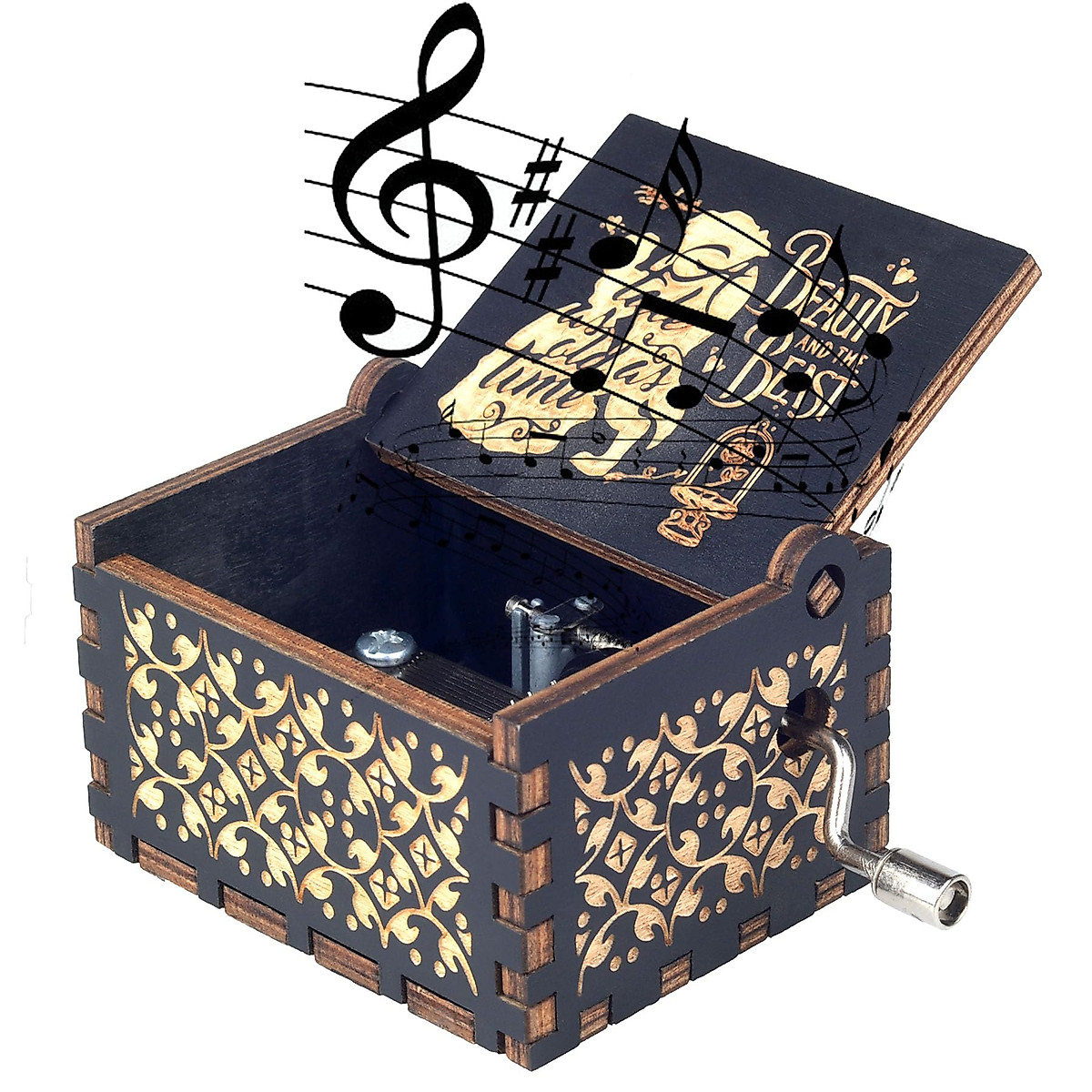 Kcikn Beauty Cute Hand-Crank Music Box for Him Her Small Wood Engrave Musical Box for Christmas Birthday Valentine's Day Black (Style C)