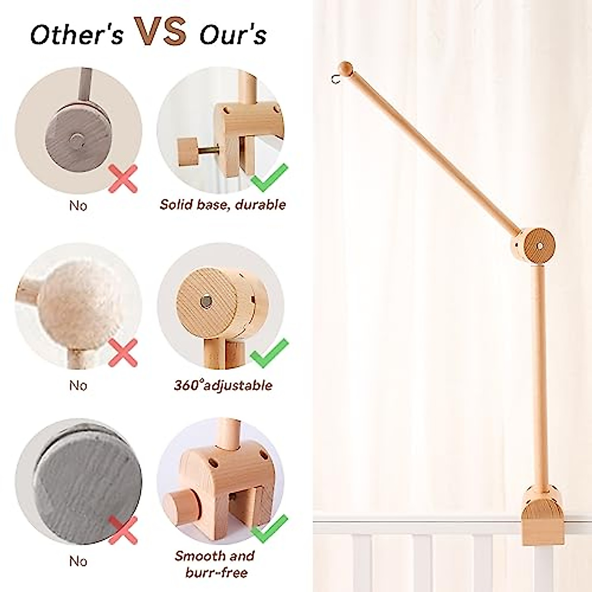 Wooden Crib Mobile Arm | Baby Crib Mobile Arm Wooden Holder | Rotatable Adjustable Anti Slip Attachment Clamp for Sturdy Mobile Hanger (Only Arm)