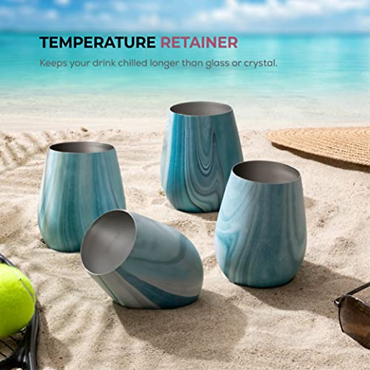 Stainless Steel Unbreakable Wine Glasses - 18 Ounce Set of 4 Wine glasses. Premium Grade 18/8 Stainless Steel Red & White Stemless Wine Glasses set, (Exquisite Blue Marble)