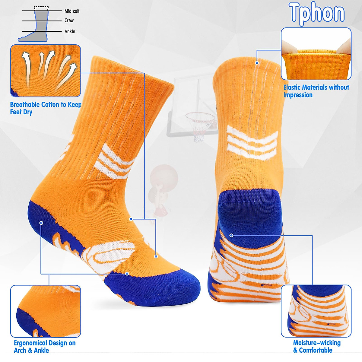 Tphon Basketball Socks for Kids Boys Cushioned Sports Running Training Sock Soccer Athletic Crew Socks for Youth 4 Pairs