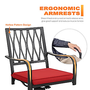 NUU GARDEN 3 Pieces Swivel Rocker Patio Bistro Set Outdoor Furniture Porch Cushioned Swivel Rocker Chairs Conversation Sets with Round Iron Coffee Table,Black&Red