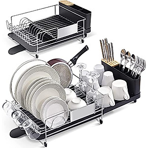 i-Home Drying Rack with Swivel Spout for Kitchen Counter or Sink, Expandable Dish Drainer Rack with Utensil Holder and Cup Holder (WK810439)