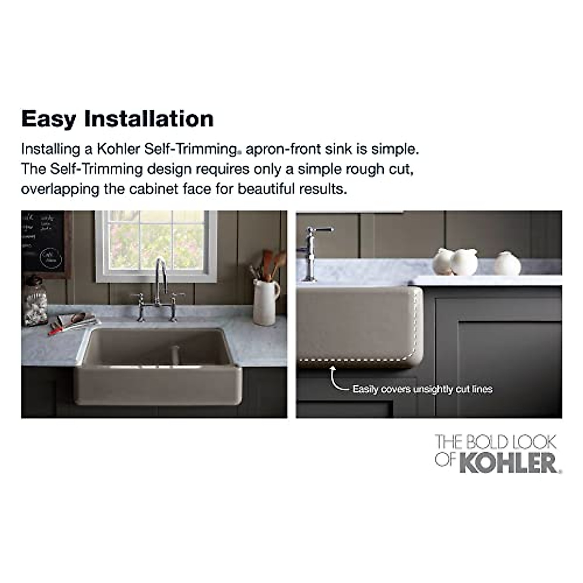 KOHLER K-6486-0 Whitehaven Farmhouse Self-Trimming Undermount Single-Bowl Kitchen Sink with Short Apron, 30 Inch, White