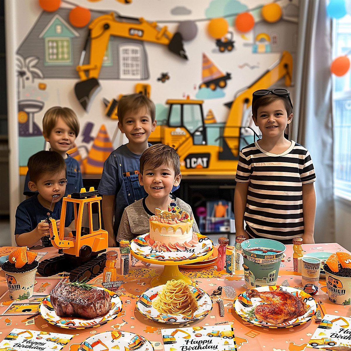 100 Pcs Construction Birthday Party Supplies - Construction Themed Plates and Napkins Forks Set, Disposable Dump Truck Tableware for Boys Kids Birthday Party Decorations Favors, Serve 25 Guests