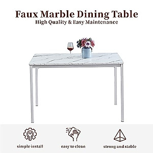 Paonne White Marble Dining Table with MDF Top and Metal Frame,Rectangle Kitchen Table for Restaurant, Apartment and Small Space