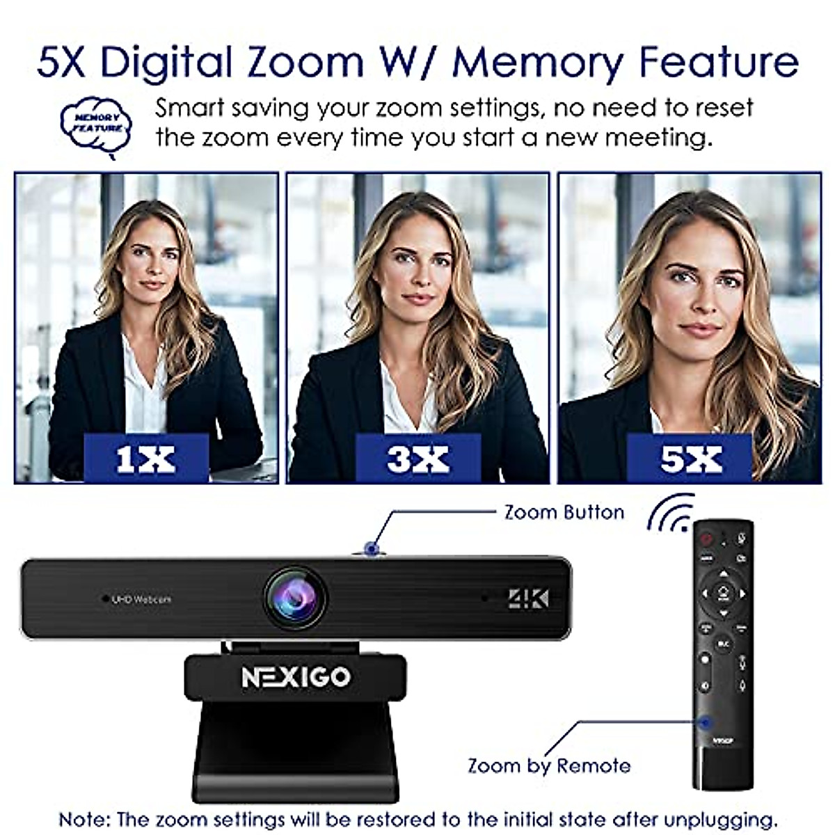 NexiGo Zoom Certified, N950P 4K Zoomable Webcam with Remote Control, Sony_Starvis Sensor, 5X Digital Zoom, Pro Web Camera with Dual Stereo Mics, for Zoom Skype Teams Twitch