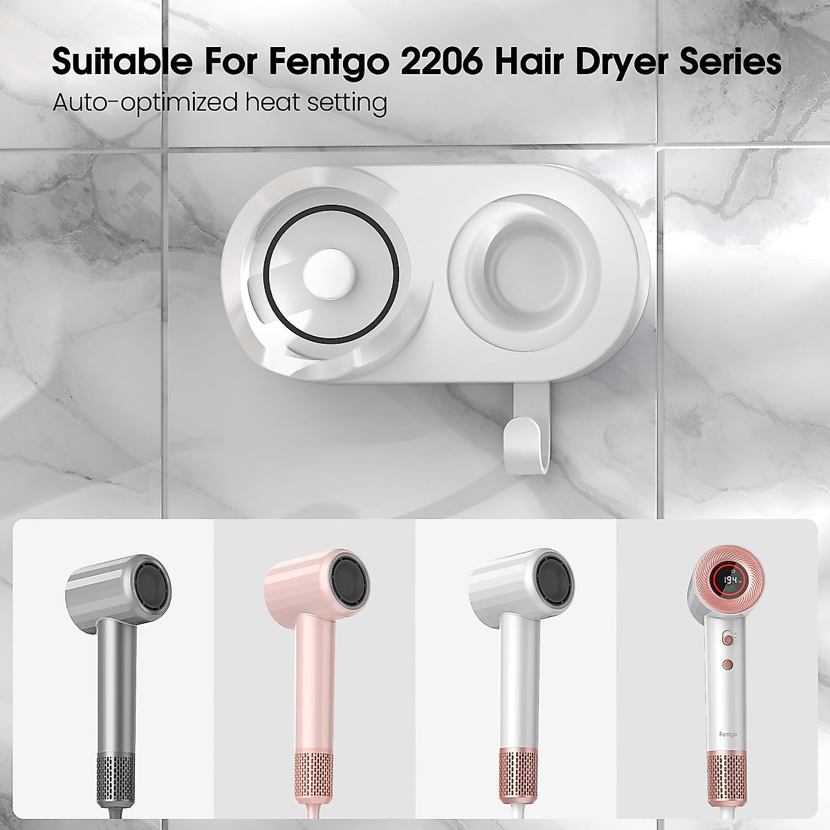 Fentgo Hair Dryer Holder Wall Mount High Speed Hair Dryer with Hair Dryer Power Cord Organizer Hooks, Suitable 2206 Hair Dryer, Compatible for ARAS/Careboda Hair Dryer