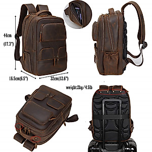 Masa Kawa Full Grain Leather 15.6” Laptop Backpack for Men Vintage Large Travel Rucksack Bag School Bookbag Daypack