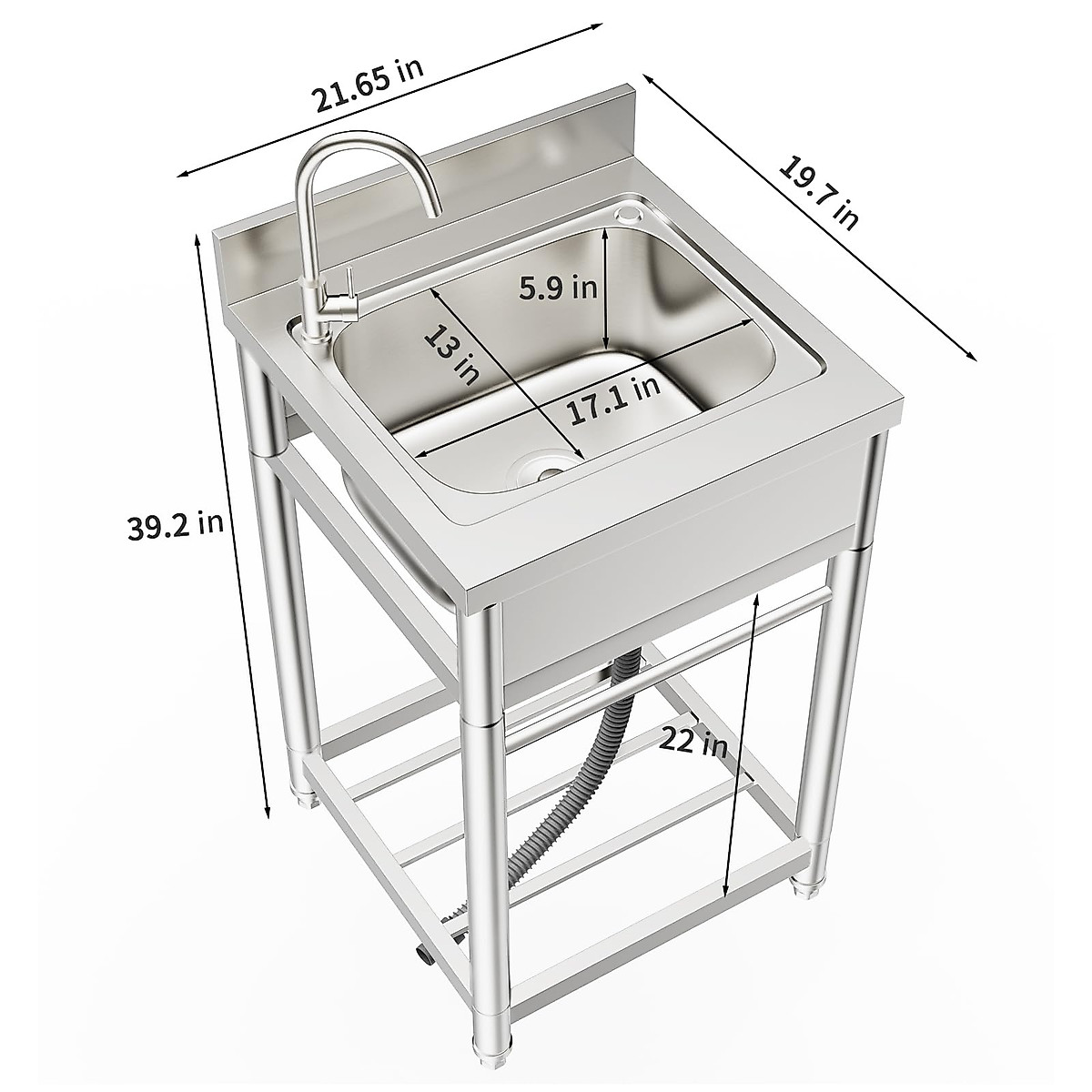 ROOMTEC 304 Stainless Steel Single Bowl Utility Sink Set, Commercial Restaurant Kitchen Sink, Outdoor Sink with Workbench & Storage Shelve with Hot and Cold Water Pipes (22 in)