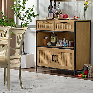 LIDYUK Sideboard Cabinet with Charging Station, Kitchen Storage Cabinet with Rattan Decorated Doors, Cupboard Console Table Sideboard Cabinet for Dining Room Hallway, Natural