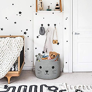 HiChen Large Woven Cotton Rope Storage Basket, Laundry Basket Organizer for Towels, Blanket, Toys, Clothes, Gifts | Pet Gift Basket for Cat, Dog - 15.7" L×11.8" H, Gray