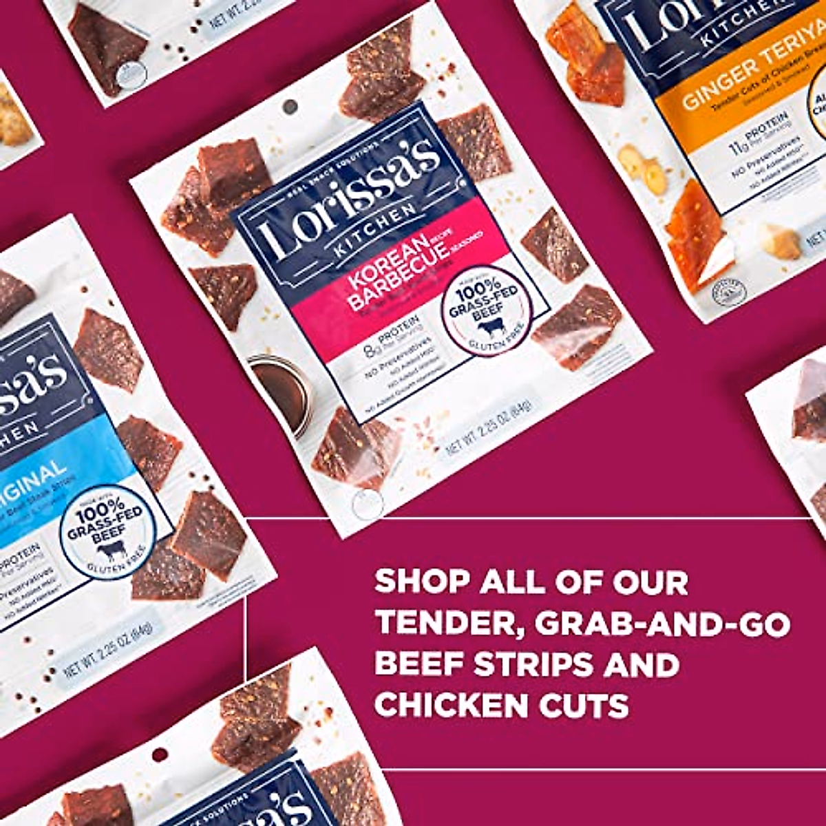 Lorissa's Kitchen Premium Grass-Fed Steak Strips, Korean Barbecue, 2.25 Oz. 4 Count - No Added MSG or Nitrites, Keto Friendly Snacks & Gluten Free, More Tender Than Traditional Beef Jerky