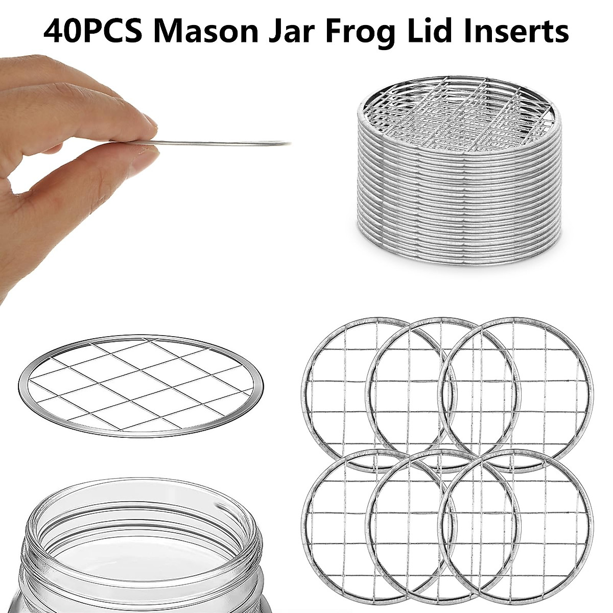 Oungy 40 PCS Mason Flower Jar Frog Insert Lid Metal Flower Lid Insert Mason Grid Flower Organizer Frog Lid Insert Mason Jar Lids with Square Grids for Regular Mouth Mason Canning Jars