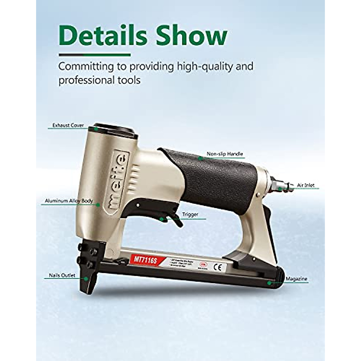 meite MT7116S Pneumatic Upholstery Stapler 22 Gauge 71 Series 3/8" Crown Industrial Fine Wire Stapler with Safety