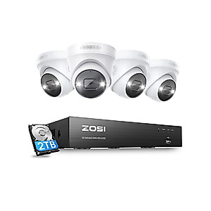 ZOSI 4K Spotlight PoE Security Camera System with Person Vehicle Detection,2 Way Audio,Color Night Vision,8 Port 16CH 8MP NVR with 2TB HDD,4pcs 5MP Outdoor PoE IP Cameras for Home 24/7 Recording