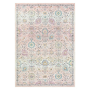 Lahome Pink Boho Area Rug, 5x7 Light Pink Rugs for Bedroom Girls, Soft Floral Nursery Playroom Rug, Machine Washable Pastel Rug Non Slip Floor Carpet for Living Room