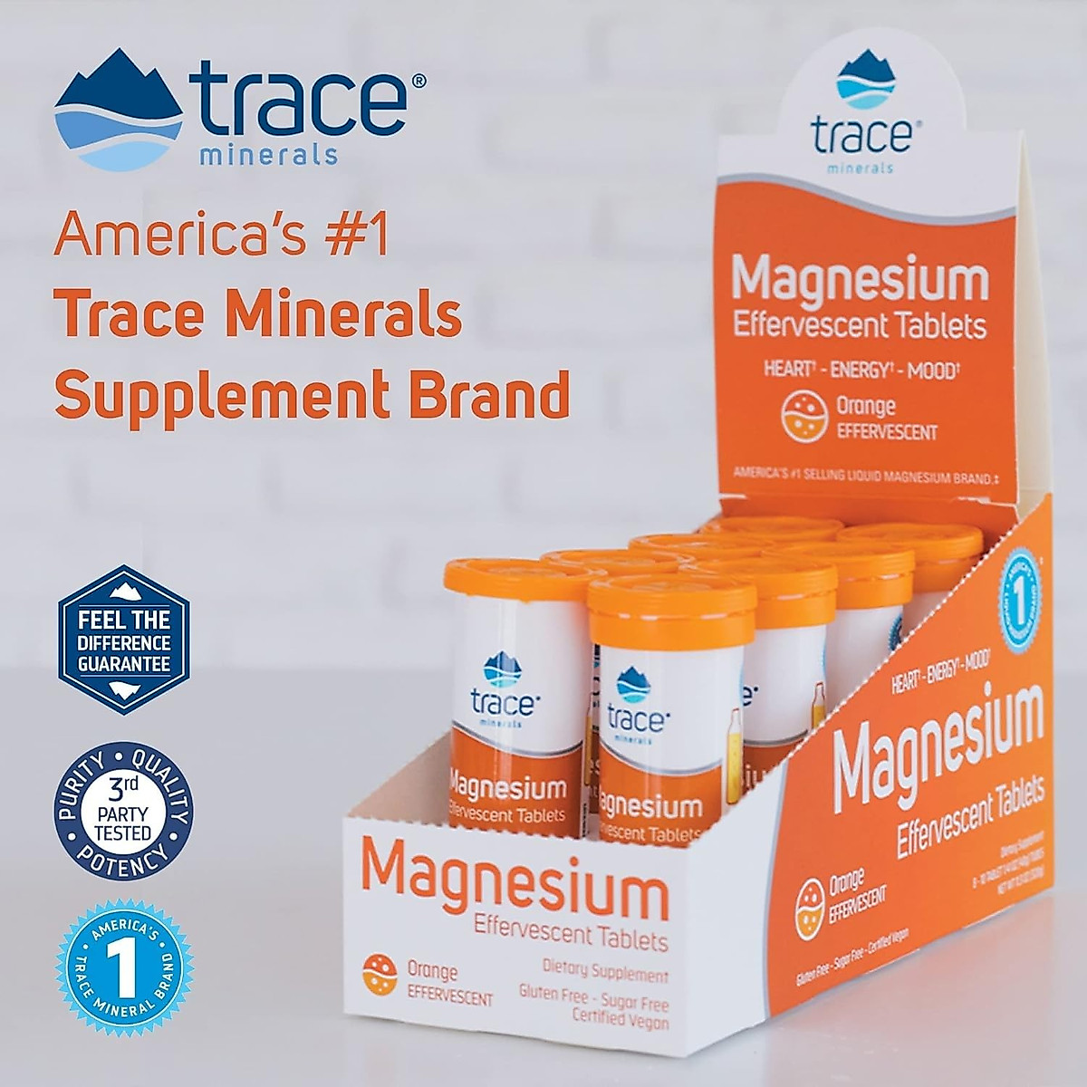 Trace Minerals Magnesium Effervescent - Bone & Circulatory Health Support Supplement - Magnesium Supplement to Aid Cardiovascular Health & Positive Outlook - Orange, 8 Containers (80 Servings)