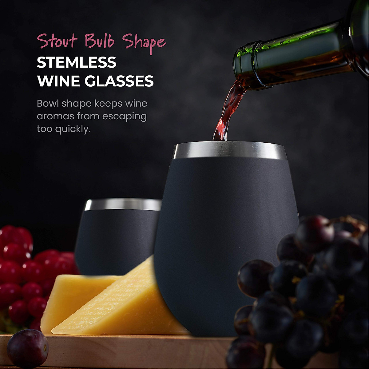 18oz Stainless Steel Stemless Wineglasses, Set of 4 - Unbreakable, Portable for Outdoor Events