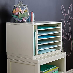 MARTHA STEWART Crafting Kids' Paper Organizer - Creamy White, Tabletop Construction Paper Storage with Compartments, Wooden 6 Tray Sorter