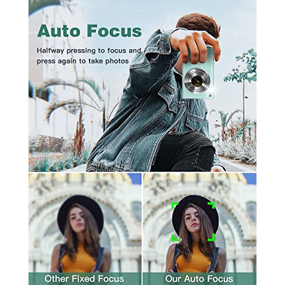 Digital Camera Auto Focus 2.7K 48MP Digital Point and Shoot Camera with 32GB Memory Card,16X Zoom, Time Lapse Vlogging Camera Digital Cameras for 8-15 Years Kids Teenagers Students Boys Girls, Green