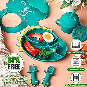 Yaomiao 6 Pcs Silicone Toddler Feeding Set Baby Led Weaning Supplies Dinosaur Shape Divided Silicone Suction Plate Adjustable Bib Sippy Cup with Spoon and Fork Straw Set, Microwave Dishwasher Safe