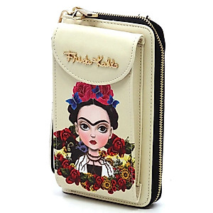 LuxeBag Frida Kahlo Cartoon Flower Collection Cellphone Purse Wallet (Beige/Black)