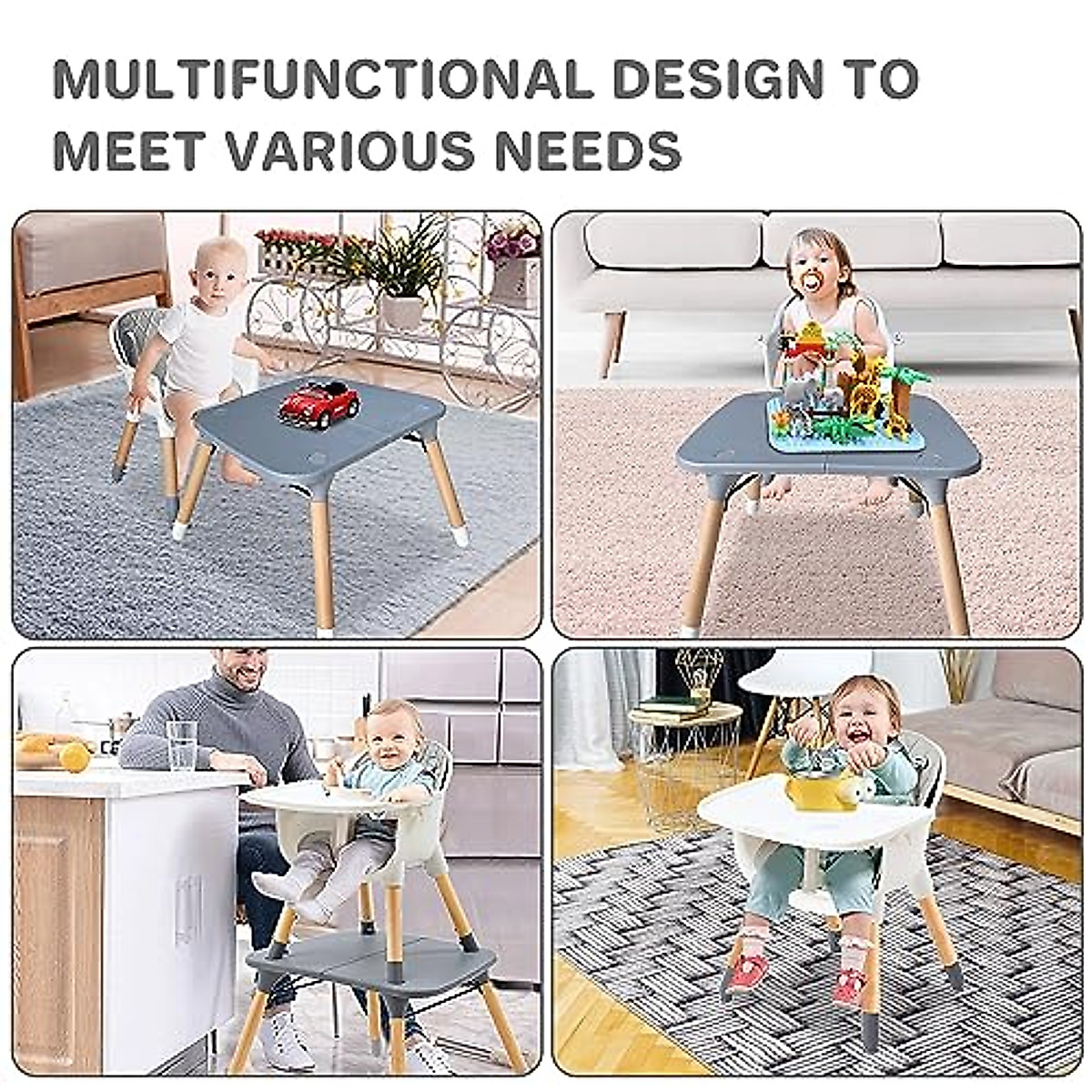 IKARE Wooden Baby High Chair W/Removable Tray & Safety Harness, 5-in-1 Kids Chair Table Set/Booster Seat/Infant Feeding Chair | Grows with Your Child | Adjustable Legs | Modern Wood Design (Gray)