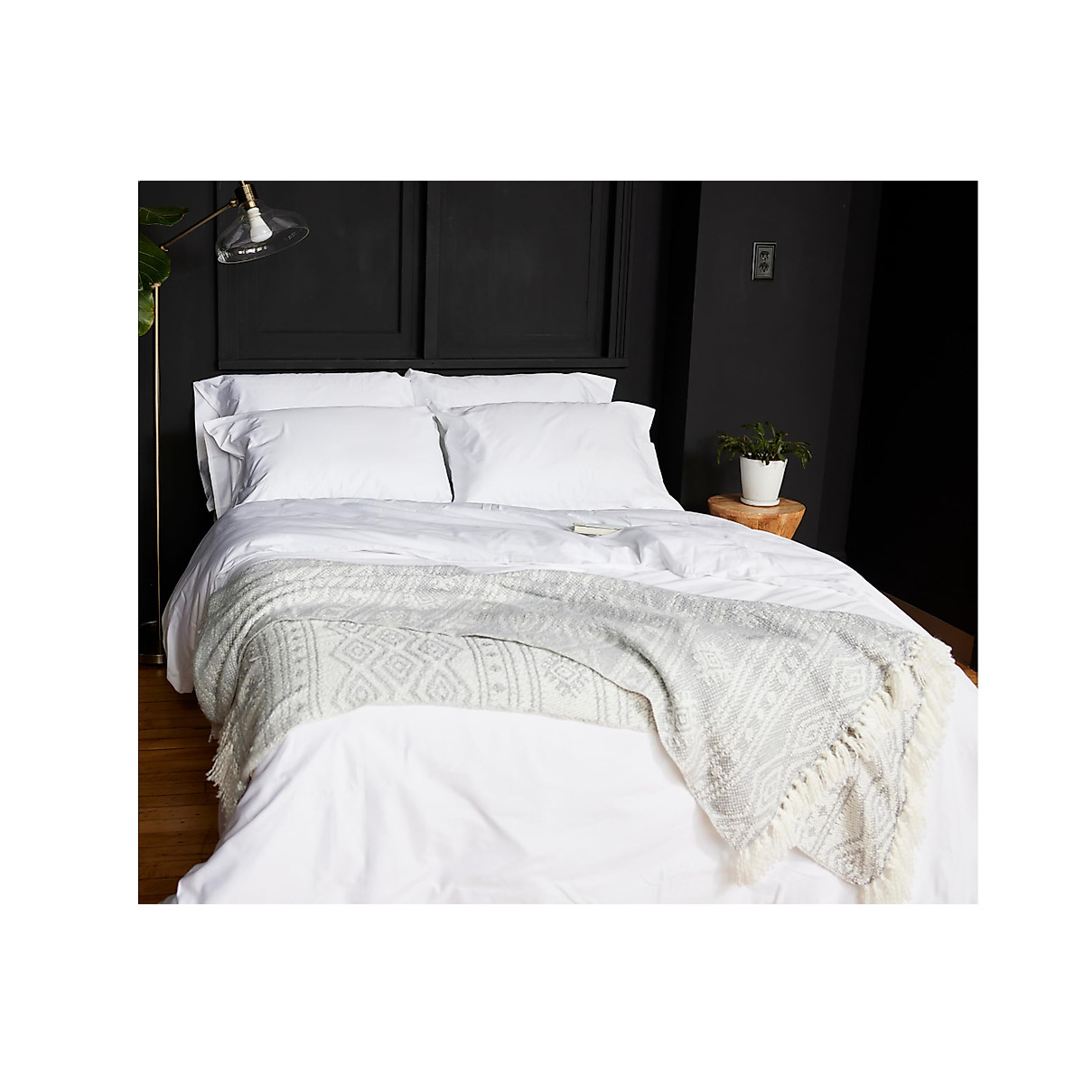 WAADI Queen Duvet Cover Set 4pcs- 100% Cotton Duvet Cover Set Includes: Duvet Cover, Fitted Sheet (Deep Pockets, fits 18in Mattress) & 2 Pillowcases (White, Queen)