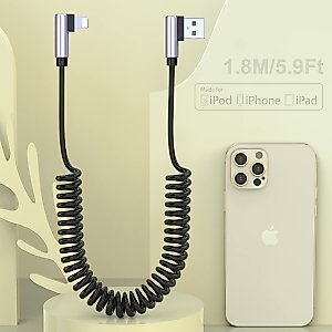 90 Degree Coiled Lightning Cable [MFi Certified & Data Sync], Right Angle Design Gaming LED iphone Cord, Coiled USB A to Lightning Cable Cord Data Transmission Compatible with iPhone/Ipad Product