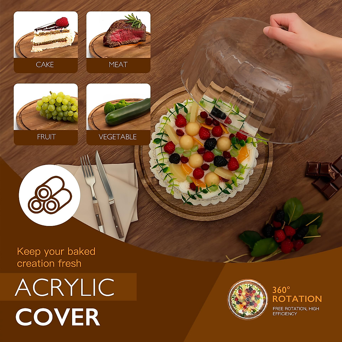 Vacream Rotating Cake Stand with Dome,Acacia Wooden Cake Plate with Acrylic Lid, Wood Lazy Susan with Cover, Cake Stand for Party,Birthday,Parties,Baking Gifts(12 Inch with Dome)