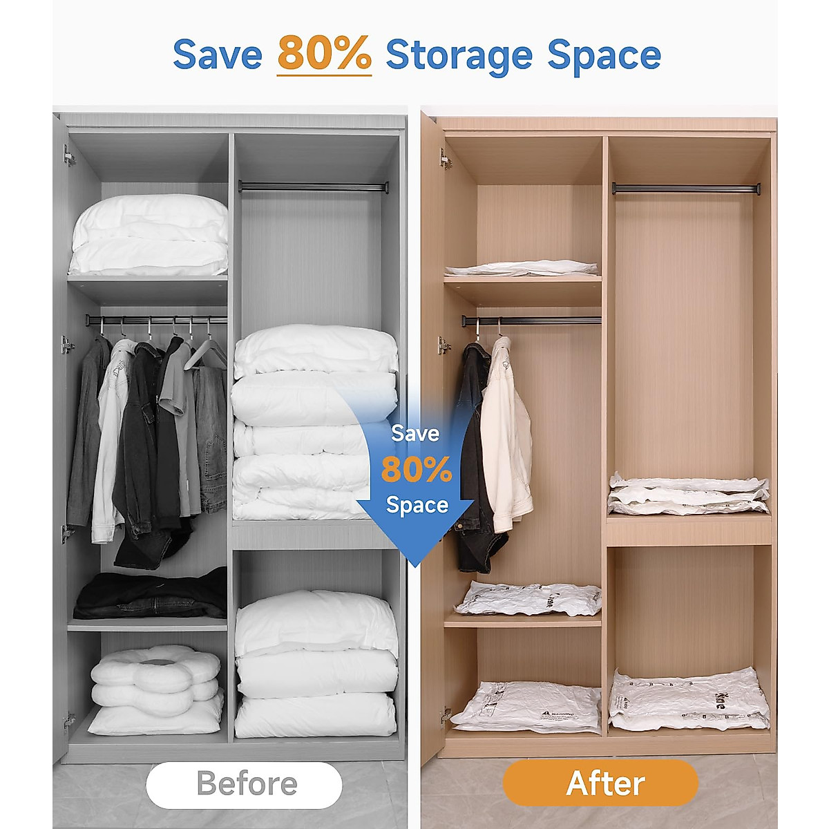 8 Pack Jumbo Vacuum Storage Bags, 80% Space Saver Vacuum Seal Bags for Clothing Bedding, Blankets, Comforters, Duvets, Quilts, and Pillows, Vacuum Compression Bags with Travel Hand Pump