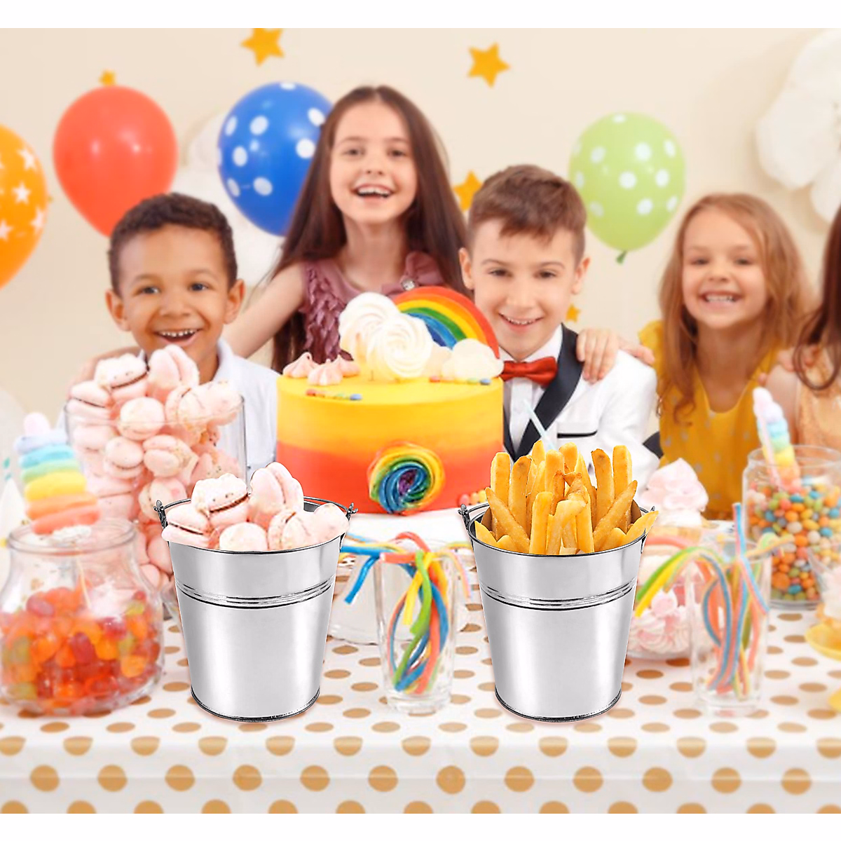 6 Metal Buckets With Chalkboard Stickers And Plastic Kitchen Scoops, Small Galvanized Buckets ,For Birthday, Wedding Party, Garden Planters , Party Supplies,Decorations ,5 Inch Tin Buckets - (tie 6)