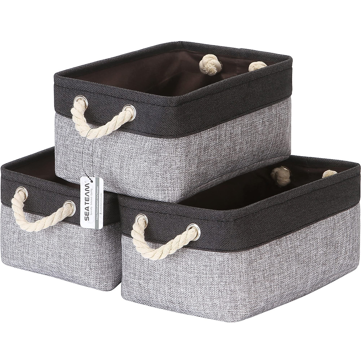 Sea Team 3-Pack Small Storage Basket Set, Storage Cube Organizer, Storage Bins, 12 x 8 x 5 Inches, Rectangle Canvas Fabric Collapsible Shelf Box with Handles for Kids Room (Grey/Black)