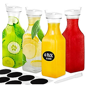 Stock Your Home 50 oz Square Carafes Plastic Juice Carafe with Lids (Set of 4) 50 oz Carafes for Mimosa Bar, Drink Pitcher with Lid, Water Bottle, Milk Container, Clear Beverage Containers for Fridge