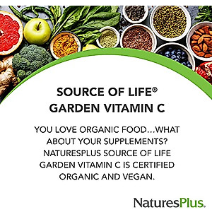 NaturesPlus Source of Life Garden Certified Organic Vitamin C - 500 mg, 60 Vegan Capsules - Whole Food Immune Support Supplement, Antioxidant - Vegetarian, Gluten-Free - 30 Servings
