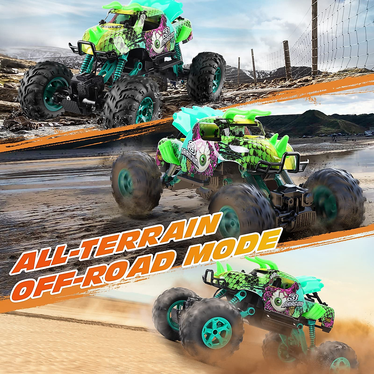 Holyton Remote Control Cars, 1:12 Large Scale Dinosaur Monster RC Trucks, 4WD Liftable Chassis Off Road Rock Crawler for Kids, 2 Batteries for 60+ Minutes Play, RC Car Toys Gift for Boy & Girls