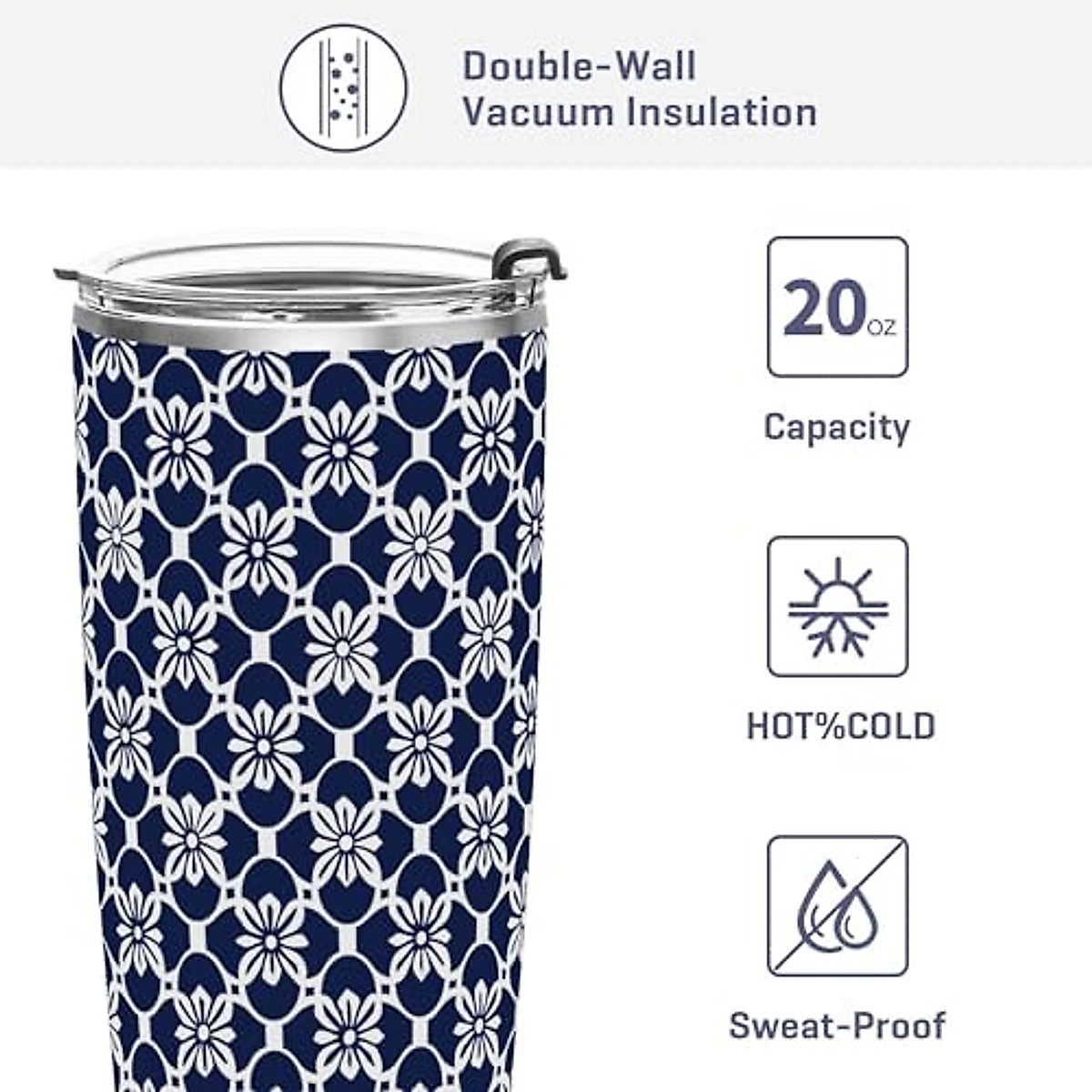 sanluoli Unique Design Dark Blue Flowers Stainless Steel bottle with straw with Straw Leak Resistant Flip coffee travel mug for outdoor simply insulated coffee tumbler 20 OZ