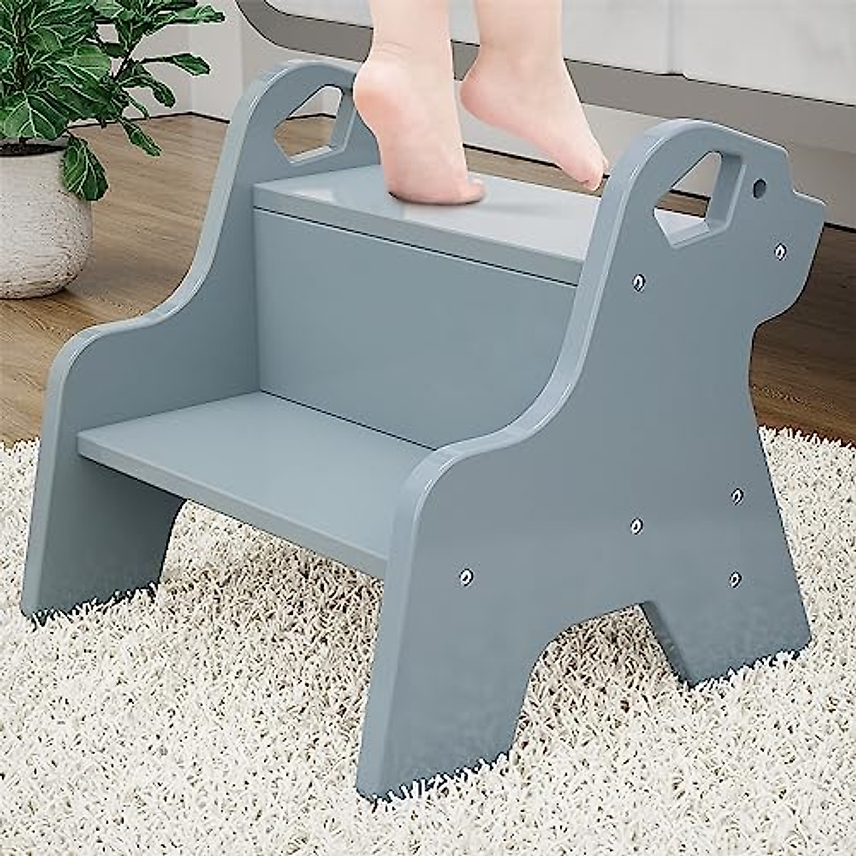 Jemyda 2 Step Stool for Kids, Toddler Step Stool for Bathroom Sink, Non-Slip Kid Stool for Toilet Potty Training, Durable Sturdy Step Stool for Kitchen (Grey Dog)