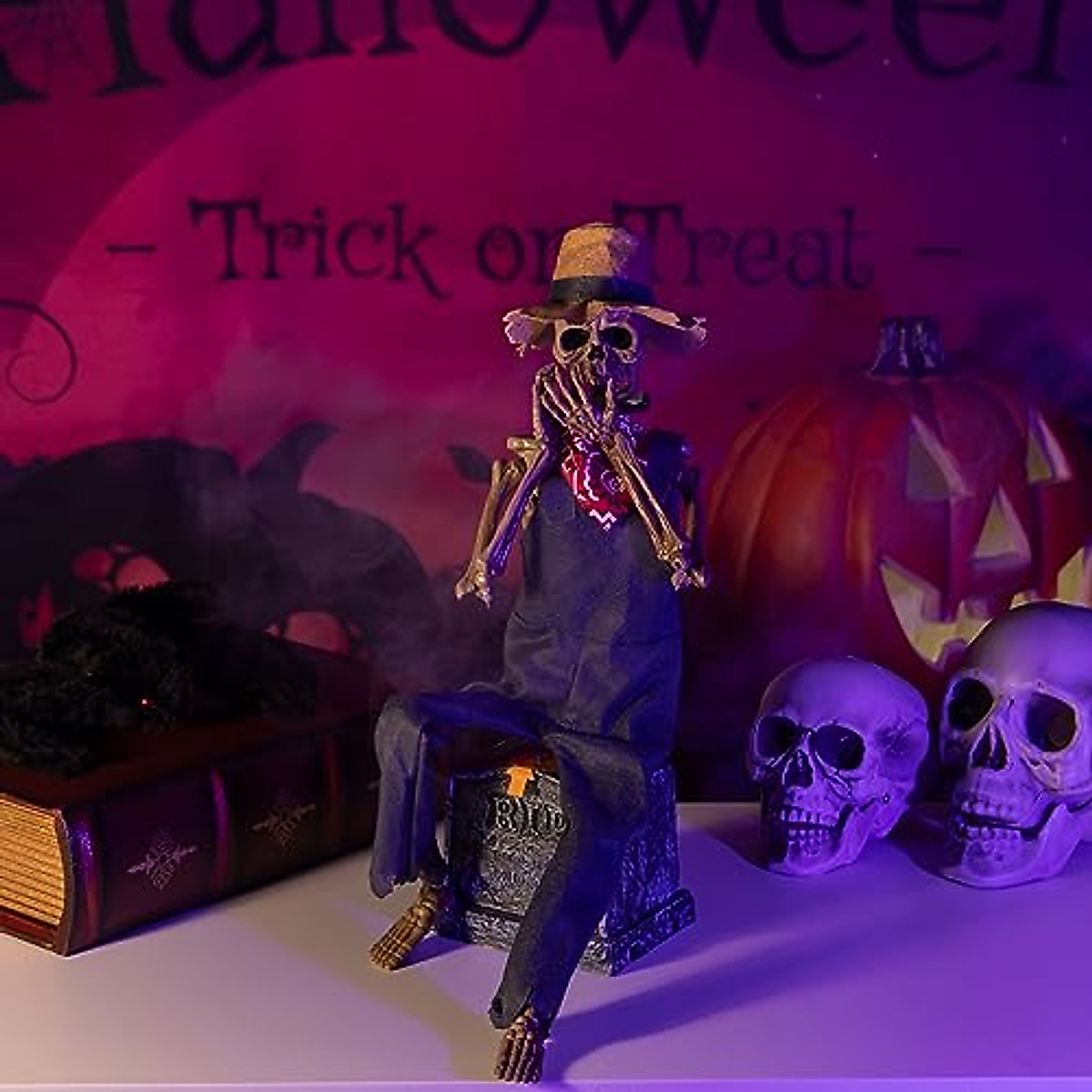 GOLDFENG Halloween Decorations Indoor Lighted Skeleton, Play Music Harmonica Cowboy Player Funny Skeleton Tabletop Collectible Figurines 12.5" H
