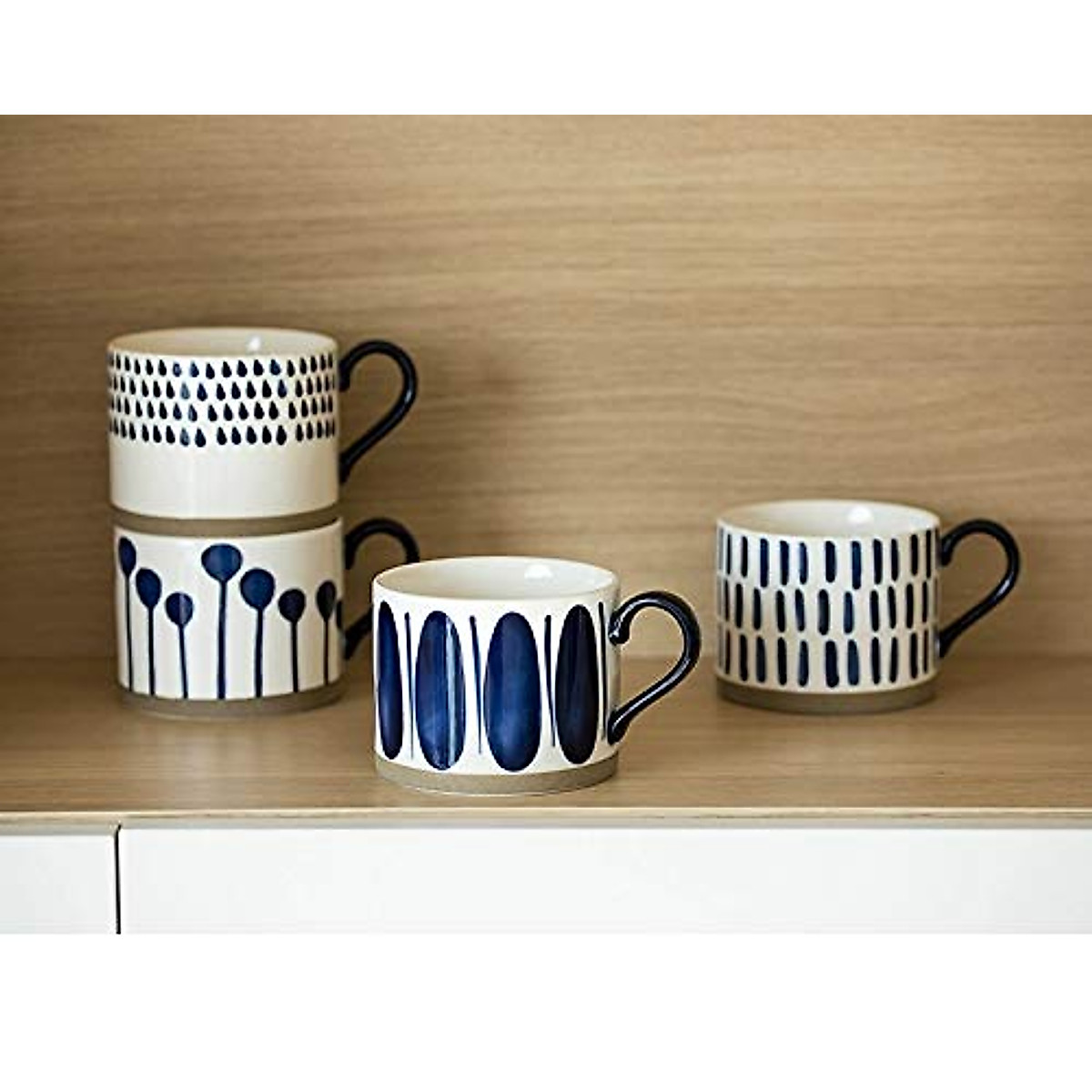 Koja Hand Painted 15 oz. Porcelain Ceramic Mugs Set. Service for 4.