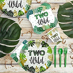 NAIWOXI Two Wild Birthday Decorations Tableware - Safari Birthday Decorations Include Plates, Cups, Napkins, Cutlery, Tablecloth, Straws, Animal Jungle Theme Party Supplies for Boy Girl 2nd Birthday