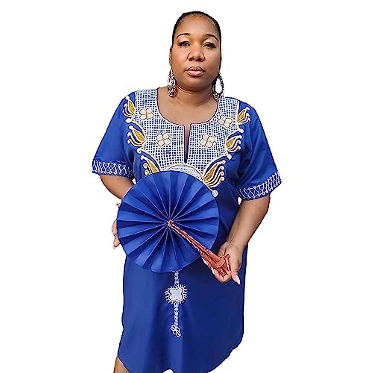 Blue African Fabric Folding Fan: Church, Ankara, Leather, Wedding, Sports, and Pouch Included!