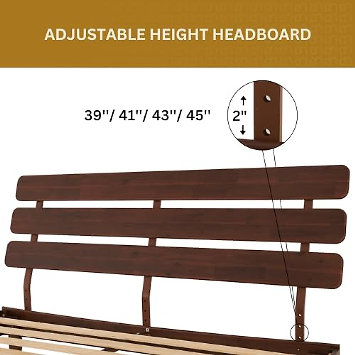 Bme Caden 15'' Bed Frame with Adjustable Headboard - Mid Century, Retro Style with Acacia Wood - No Box Spring Needed - Wood Slat Support - Easy Assembly - Walnut, King (U.S. Standard)